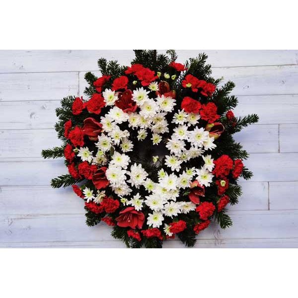 Coroana funerara cu garoafe rosii si crizanteme albe